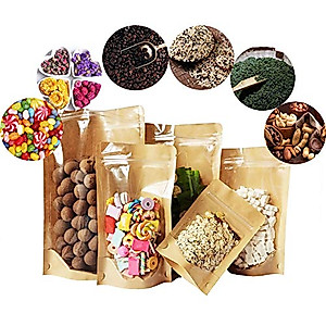 Couga Mall All-Purpose Kraft Paper Stand Up Bag, Zip Lock Reusable Kraft Package Bag Storage Pouch with Notch and Clear Front for Storing Seeds, Snack and Nuts – Brown – 50 PCS (4.7”7.8”(1220cm))