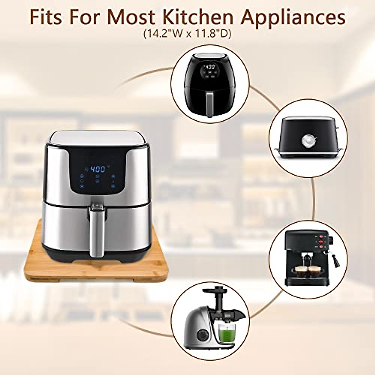 Small Appliance Slider for Kitchen Appliances - Under Cabinet Bamboo Slider for Coffee Maker, Espresso Machine, Blender, Air Fryer, Stand Mixer, Toaster, Moving Tray for Counter (11.8"W x14.2"D)