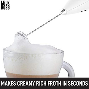 Milk Boss Powerful Milk Frother Handheld With Upgraded Holster Stand - Coffee Frother Electric Handheld Foam Maker - Milk Frother For Coffee, Lattes, Matcha & More - Electric Whisk Frother (White)