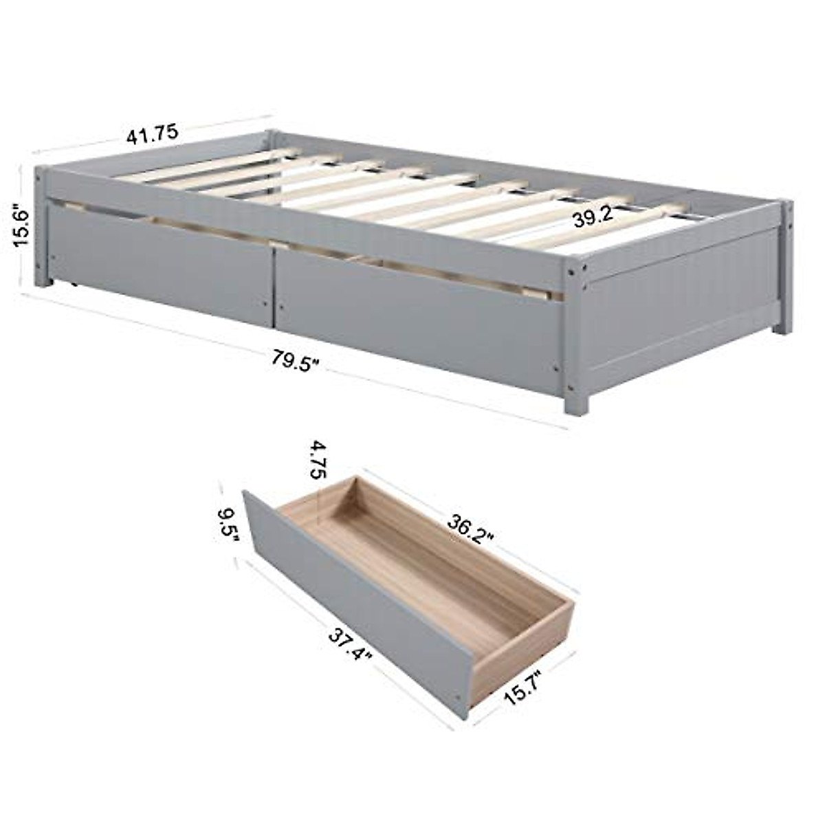 Twin Size Platform Bed with 2 Storage Drawers,Twin Bed Frame with Storage, Solid Wood Daybed with No Headboard for Kids Teen Grils Boys,Easy Assembly (Gray)