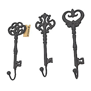 Lulu Decor, Shabby Chic Decorative Wall Hook Cast Iron Key Shape Coat Hanger (Vintage Black 3 Pcs)