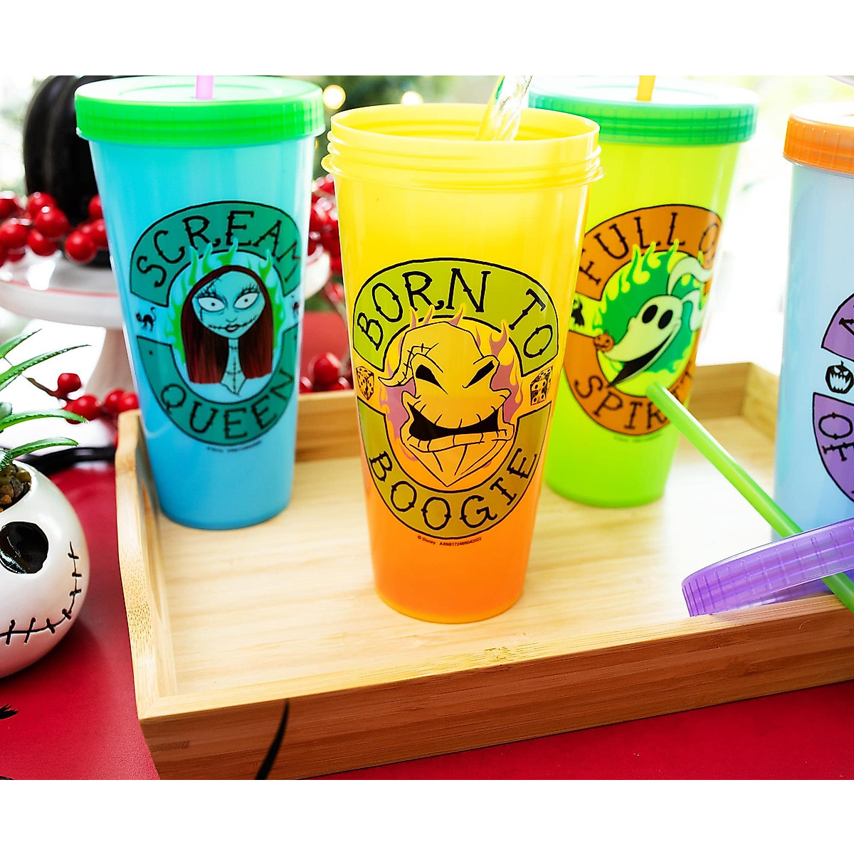 Disney The Nightmare Before Christmas Townsfolk Color-Changing Plastic Tumbler Cups, Set of 4 | Include Reusable Straw and Leak-Resistant Lid