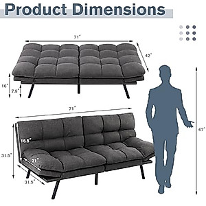 DUMOS Futon Sofa Bed, Sleeper Convertible Futon Couch, Memory Foam Couch Convertible Loveseat for Living Room, Apartment, Studio, Grey