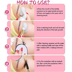 150ml/5.07fl.oz Eyelash Extension Cleanser, Lash Shampoo for Eyelash Extension Eyelash Brush with Cap USB Lash Fan Mascara Brush Wash Bottle Reusable Makeup Remover Pad, Paraben & Sulfate Free