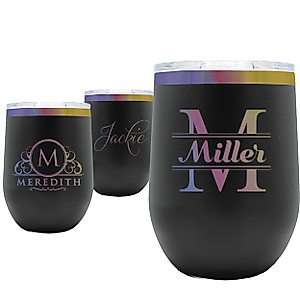 Personalized 12 oz Insulated Stemless Wine Tumbler - Custom Engraved and Monogrammed (Black with Prism)