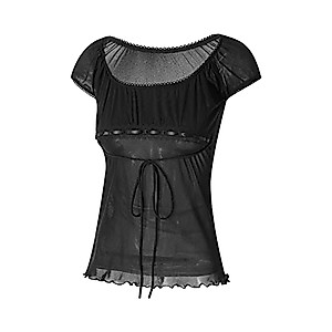Women Fairy Grunge Y2k Shirts Square Neck Lace Patchwork Tops Vintage Goth Aesthetic Clothing Black S