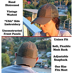 Antourage American Flag Unconstructed Hat for Men and Women Twill Mesh Snapback Baseball USA Flag Cap + 2 Patriotic Patches ((02) Olive Distressed Mesh Snapback)