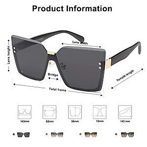 SOJOS Trendy Square Oversized Sunglasses Womens Big Rimless UV400 Ladies Shades SJ1160, All Black Lens/Black Temples