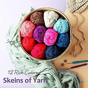 Acrylic Yarn Skeins 12 x 50g - 1200 Yards - Yarn for Crocheting - Soft Crochet Yarn for Knitting and Crafts - Multicolored Crochet Craft Yarn for Adults and Kids - 12 Pack