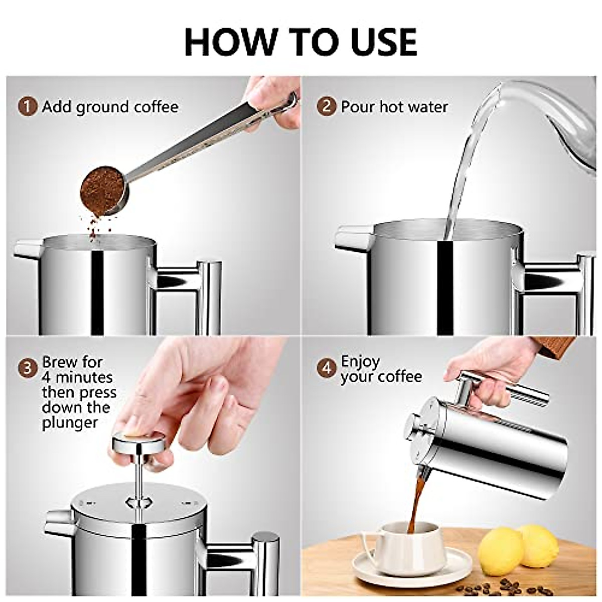 Miuly Cafetiere 3 Cup/600ml Stainless Steel Double Wall French Press with Coffee Measuring Spoon,Thermal Insulation Silicone Sealed Lid,Silver