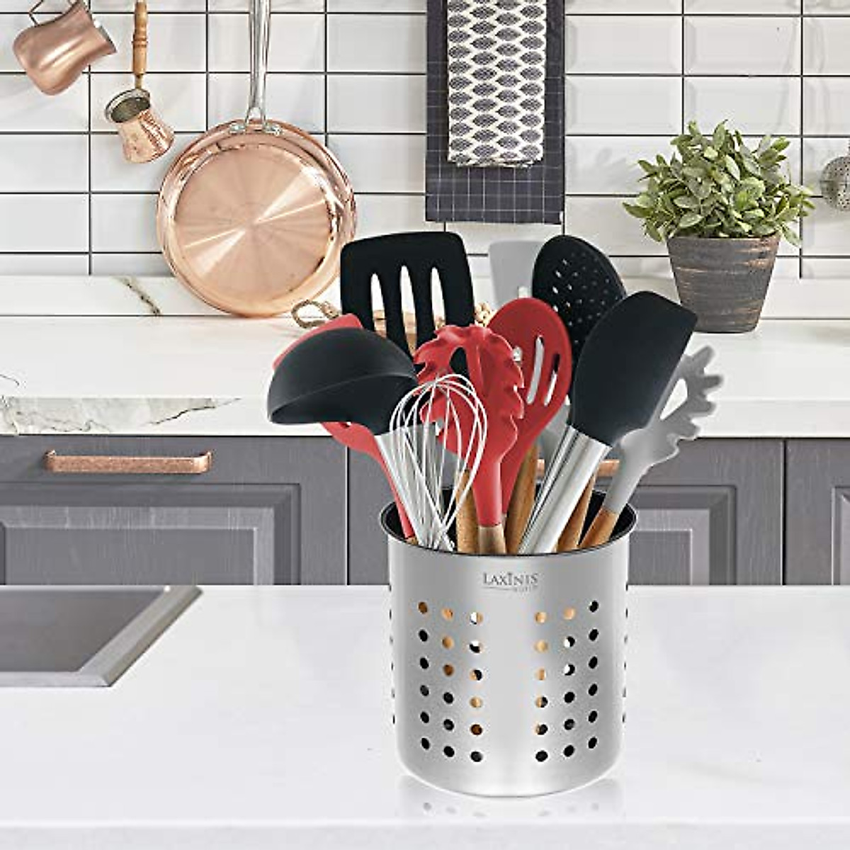 Laxinis World Stainless Steel Kitchen Utensil Holder, Kitchen Caddy, Utensil Organizer, Round Shape Utensils Crock, 5" by 5.3" (utensils not included)