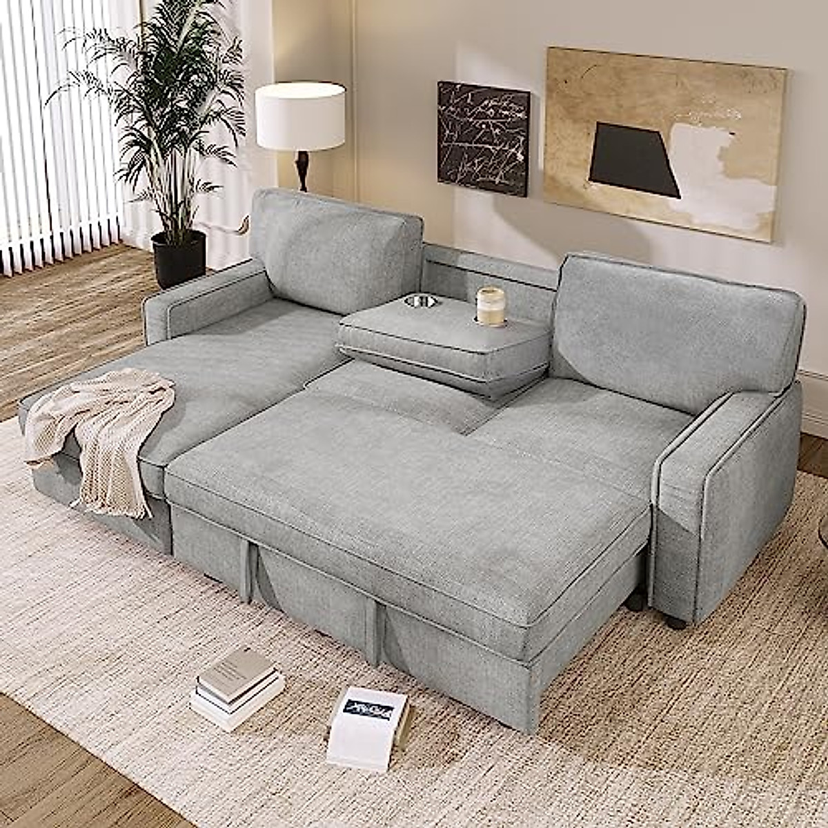 LUMISOL 89" Convertible Pull Out Sleeper Sofa Bed, L-Shaped Sectional Sofa with Reversible Storage Chaise, Reversible Sofa Couch with Cup Holders and USB Ports for Living Room, Small Apartment