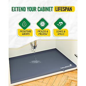 HALEEMS Under Sink Mat with Unique Drain Hole Design - Silicone 34'' X 22'' Under Sink Mats for Bottom of Kitchen Sink - Kitchen Cabinet Mats Hold up to 3 Gallons Liquid, Protector Tray, Easy to Clean