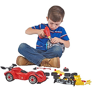 PREXTEX 53 Piece Build Your Own Racer Car Set STEM take Apart Toys for Boys with Real Working Drill and Screws 53 Piece Take-A-Part Toy for Boys and Girls with Lights and Sounds
