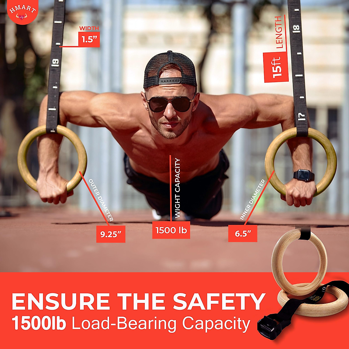 HMART Wooden Gymnastic Rings 1600Ibs Capacity with Loop Bands – 15ft Woven Adjustable Numbered Straps Anti-Slip Sweat-Absorbent Hand Tape – Pull Up Rings for Home Outdoor Exercise Gym Rings