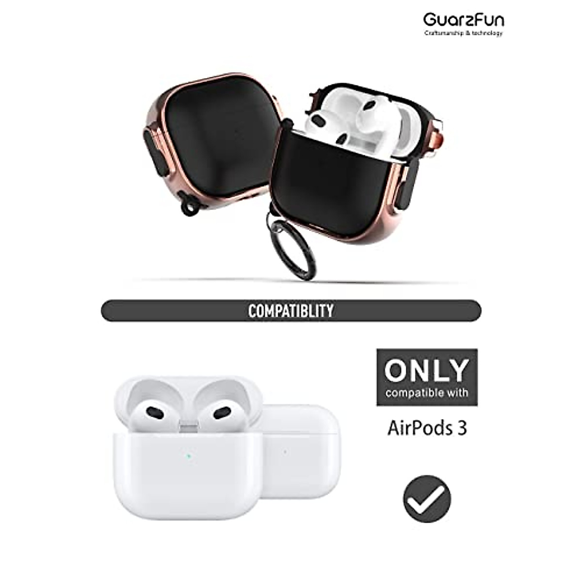GuarzFun case for AirPods 3, AirPod 3 case with Secure Lock, Hybrid Material, Full Body Protective case Cover for AirPod 3rd Generation (Rose Golden + Black)