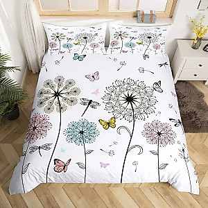 Dragonfly Butterfly Duvet Cover Set King Size,Watercolor Dandelion Plant Comforter Cover with 2 Pillowcases,Nature Animals Bohemian White Chic Bedding Set for Adult Couple Room Decor, 3pcs