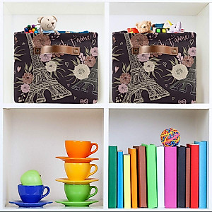 KEEPREAL Foldable Storage Baskets Set of 2, Paris Eiffer Tower Storage Bins with Handles, Decorative Cloth Organizer Storage Boxes for Home|Office 15 x 11 x 9.5 in