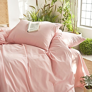 Wake In Cloud - Cotton Duvet Cover Set, Full Size, Light Blush Pink, 100% Washed Cotton, Linen Like Textured, Breathable Percale Durable Comfy Farmhouse Neutral Bedding Set, 3 Pieces