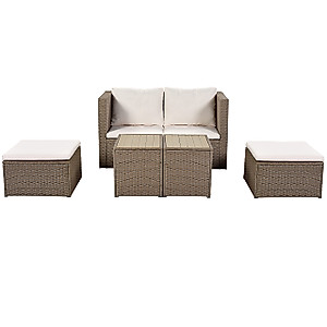 KLMM 6-Piece Outdoor Garden Furniture Set,Patio PE Wicker Rattan Conversation Sofa Set with 2 Tea Tables,for Porch Lawn Garden Backyard Poolside