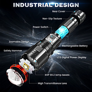 Rechargeable Flashlights High Lumens, 150000 Lumens Super Bright Tactical Flashlight One Click Off, IPX6 High Powered Flashlight USB Powerful Handheld Flash Light for Emergencies, Camping, Hiking