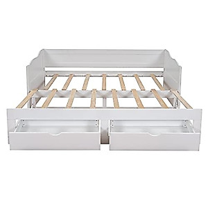 RUNWON Wooden Daybed with Trundle Bed and Two Storage Drawers, Extendable Bed Daybed,Sofa Bed with Two Drawers, White, King (Pull-Out Bunk Bed)