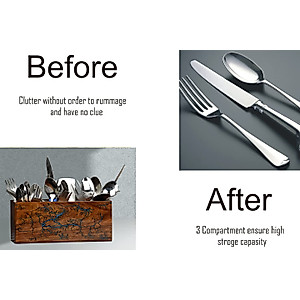 Utensil Caddy Silverware Cutlery Holder with 3 Compartment, Wooden Utensil Crock Flatware Organizers with Iron Stand, Rustic Kitchen Utensil Organizers for Farmhouse Kitchen and Countertop