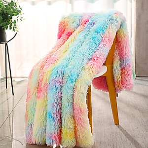 STFLY Faux Fur Throw Blanket, Decorative Luxury Tie Dye Rainbow Throw Blanket for Sofa Bed Couch, Shaggy Soft and Warm Blanket Cozy Plush Throws Queen Size for Autumn＆Winter, Girls