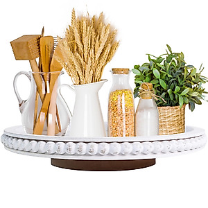 HPC Decor 12 Inch Beaded Lazy Susan- Wooden Lazy Susan Organizer- Farmhouse Table Decor- Round Lazy Susan for Table Cabinet- Kitchen Turntable 360 Degrees Rotating Table Decor Spinning Tray (White)