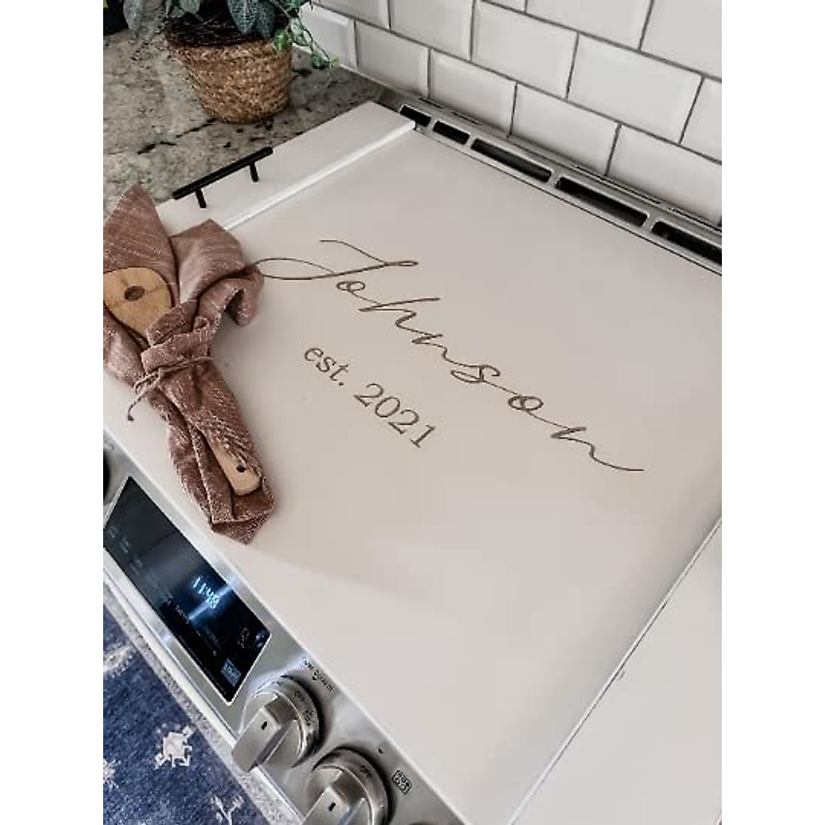 Josephine Thomas Home Personalized Noodle Board Last Name + Est Date in Soft Ivory, Lightly Distressed, Stove Cover