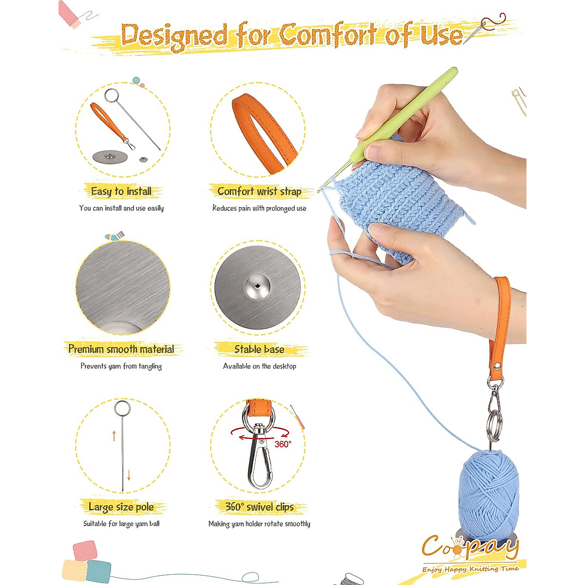 Coopay Wrist Yarn Holder with Wrist Strap, Portable Yarn Ball Holder Yarn Spinner for Crocheting and Knitting, Yarn Storage Holder for On-The-Go Knitting Prevents Yarn Tangles