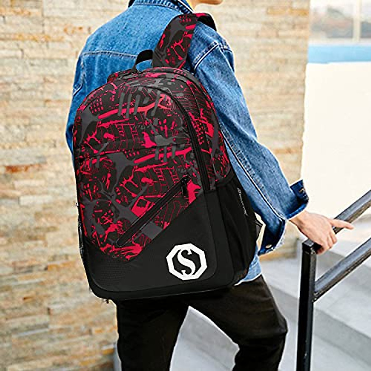 CAMTOP School Backpack Boys Kids School Bookbag Set Student Backpack with Lunch Box and Pencil Case (Graffiti - Red)