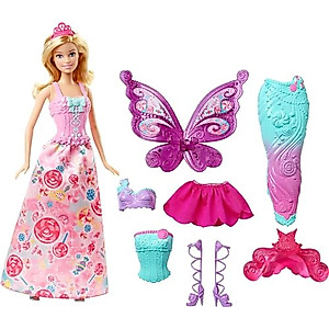 Barbie Doll Fantasy Dress-Up Set with Blonde Fashion Doll, Candy-Inspired Clothes & Accessories like Fairy Wings & Mermaid Tail