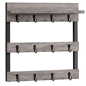 Honiter Coffee Mug Rack Wall Mounted, Rustic Wood Coffee Cup Holder Organizer with 12 Hooks and Storage Shelf , Wall Mug Rack for Display, Collection, Home Kitchen (Gray)