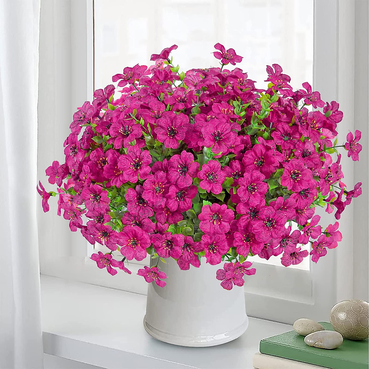 Gorgeoos 4 Bundles Artificial Flowers for Outdoors Fake Plants No Fade Faux Outside Greenery Boxwood Plastic Shrubs Silk Flowers for Home Garden Window Box Porch Patio Decoration (Fuchsia)