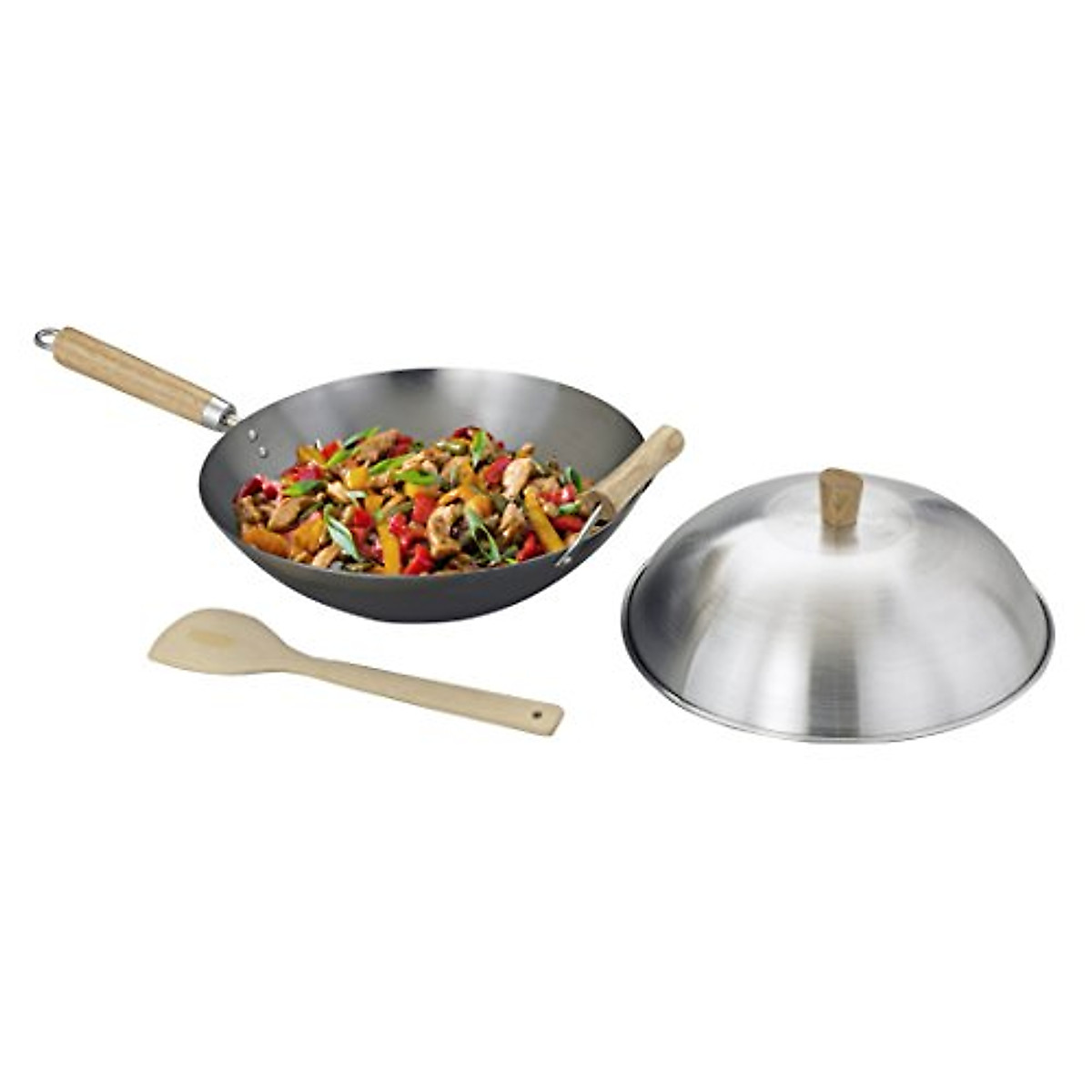 Helen's Asian Kitchen Helen Chen's Asian Kitchen Flat Bottom Wok, Carbon Steel with Lid and Stir Fry Spatula, Recipes Included, 13.5-inch, 4 Piece Set, 13.5 Inch, Silver/Gray/Natural