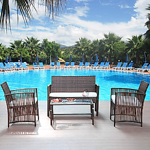 YYAO 4 PCs Outdoor Patio Rattan Furniture Conversation Sets PE Wicker Rattan Sofa Chair Cushioned Seat Furniture Set,Coffee Table with Tempered Glass Tabletop - Brown