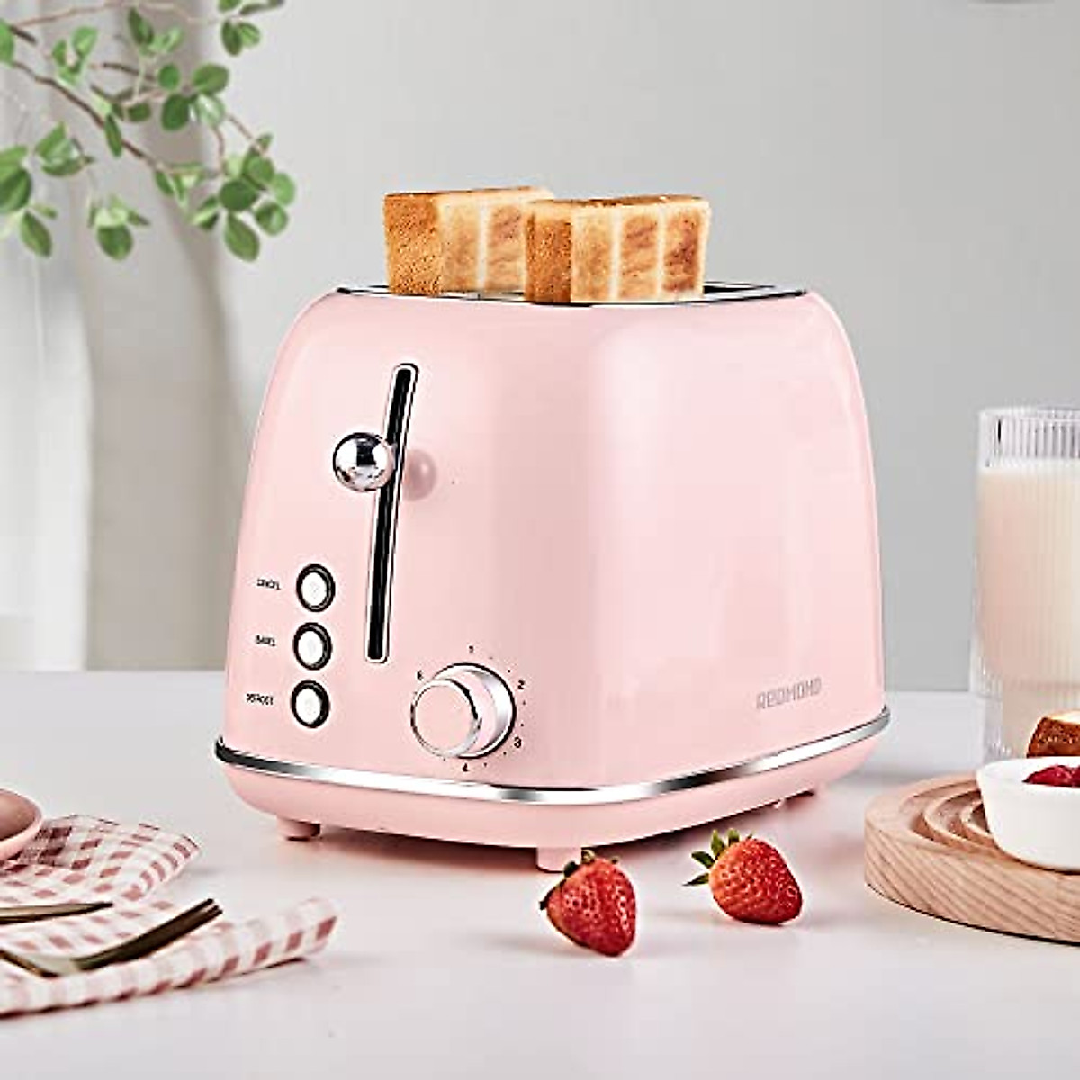 REDMOND 2 Slice Toaster Retro Stainless Steel Toaster with Bagel, Cancel, Defrost Function and 6 Bread Shade Settings Bread Toaster, Extra Wide Slot and Removable Crumb Tray, Pink, ST028