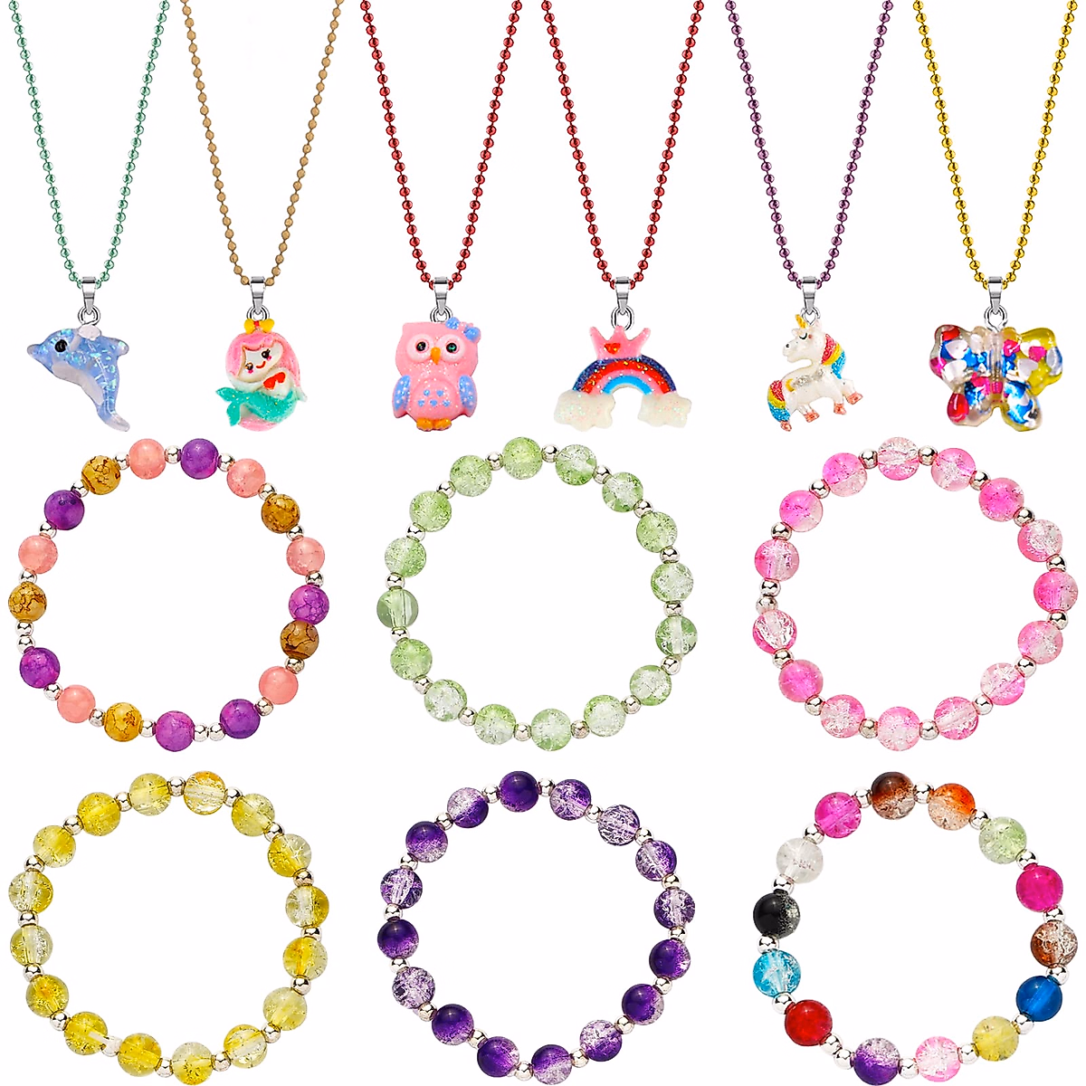 SOTOGO 12 Pieces Girls Necklaces and Bracelets Set Colorful Gift Party Favors Friendship Pretend Dress Up Play Jewelry for Kids Child Toddler, Cute Style