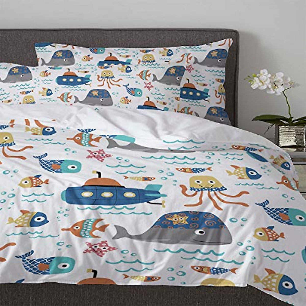 Duvet Cover, Washed Microfiber Comforters Twin Size, Ocean Adventure Submarine Cute Animals Duvet Cover and 2 Pillow Shams, Room Decor Aesthetic 3 Piece Bedding Sets Twin for Kids Teens Adults
