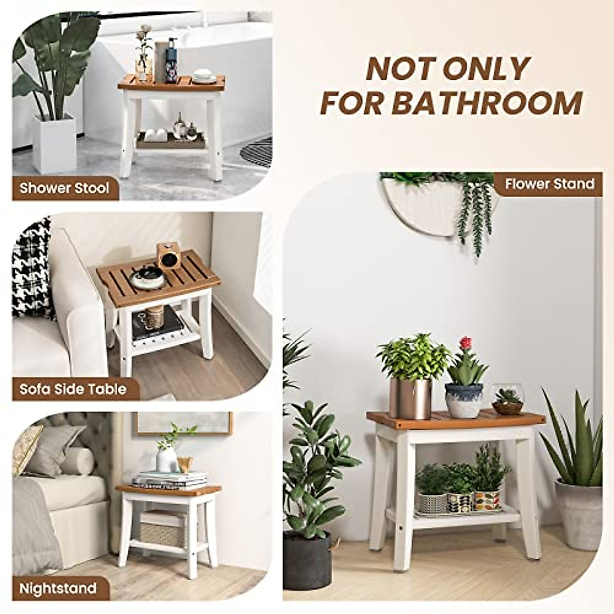 Giantex Shower Bench HDPE Waterproof - Bath Spa Seat with Storage Shelf, Non-Slip Rubber Foot Pads, 2-Tier Heavy Duty Shower Stool Foot Rest Step for Shaving Legs Bathroom