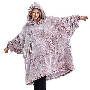 Cozy Sherpa Wearable Snuggle Blanket Hoodie with Sleeves for Adults Women Men Kids Gift Idea,Oversized Blanket Sweatshirt，Super Warm Light Weight,Dusty Rose,Oversize