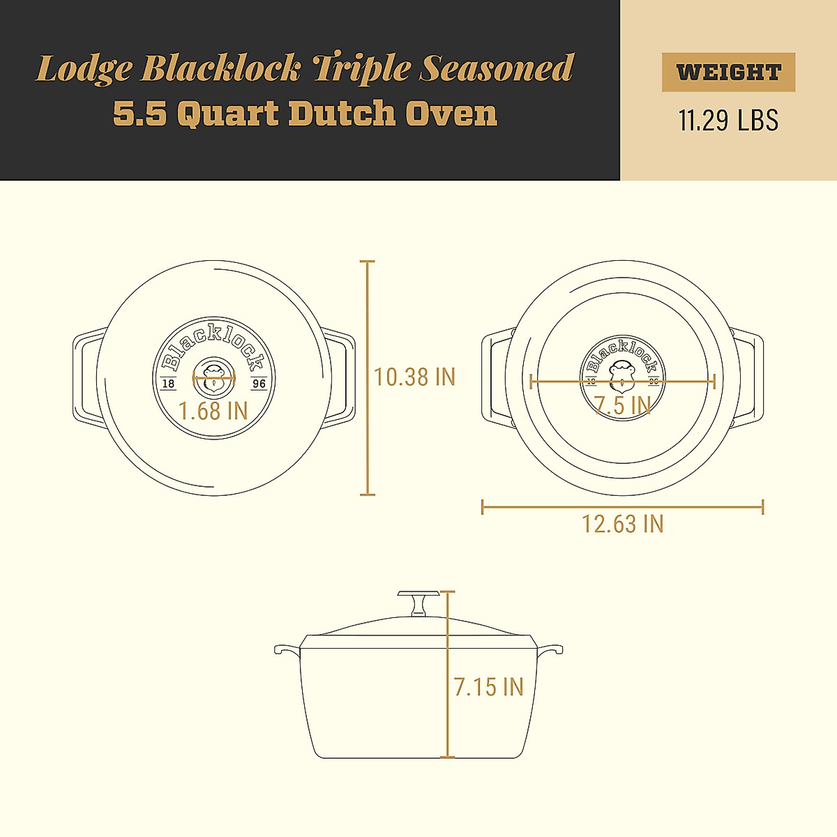 Lodge Blacklock 5.5 Qt Triple Seasoned Cast Iron Dutch Oven - 5.5 Qt Capacity - Nonstick Finish - Cast Iron Dutch Oven with Lid - Cast Iron Cookware