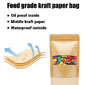 Kraft Bags With Window, 100 pcs 5.5" x 7.8", Stand Up Pouches, Sealable Bags for Packaging, Zip Lock Bags With Stickers and Spoon, For Cookie Bags/Candy Bags/Coffee Bags/Food Storage Bags (Brown)