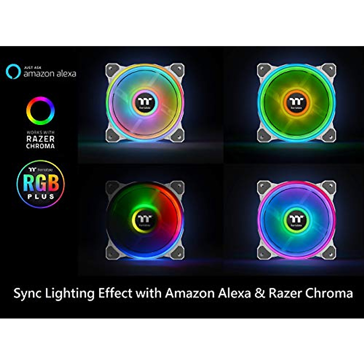 Thermaltake Riing Quad 120mm 16.8 Million RGB Color (Alexa, Razer Chroma) Software Enabled 4 Light Rings 54 Addressable LED 9 Blades Hydraulic Bearing White Case/Radiator Fan, 3 Pack, CL-F100-PL12SW-B