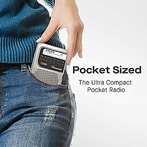 Vondior AM/FM Battery Operated Portable Pocket Radio - Best Reception and Longest Lasting. AM FM Compact Transistor Radios Player Operated by 2 AA Battery, Mono Headphone Socket, by Vondior (Silver)