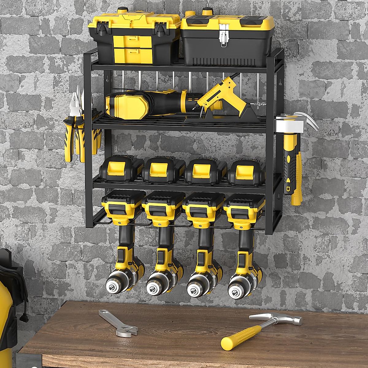 SPACECARE Power Tool Organizer，4 Drill Holders Wall Mount， 4 Layers Garage Organization Floating Cordless Drill Holder Heavy Duty Tool Organizers Utility Rack Floating Tool Shelf for 4 Drill Holders