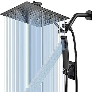 BELLEARLY All Metal 12'' Rain/Rainfall Shower Head with Handheld Spray Combo, High Pressure Square Shower Head with 13'' Extension Arm, Dual Black Shower Heads with 78'' Hose, Waterfall Showerhead