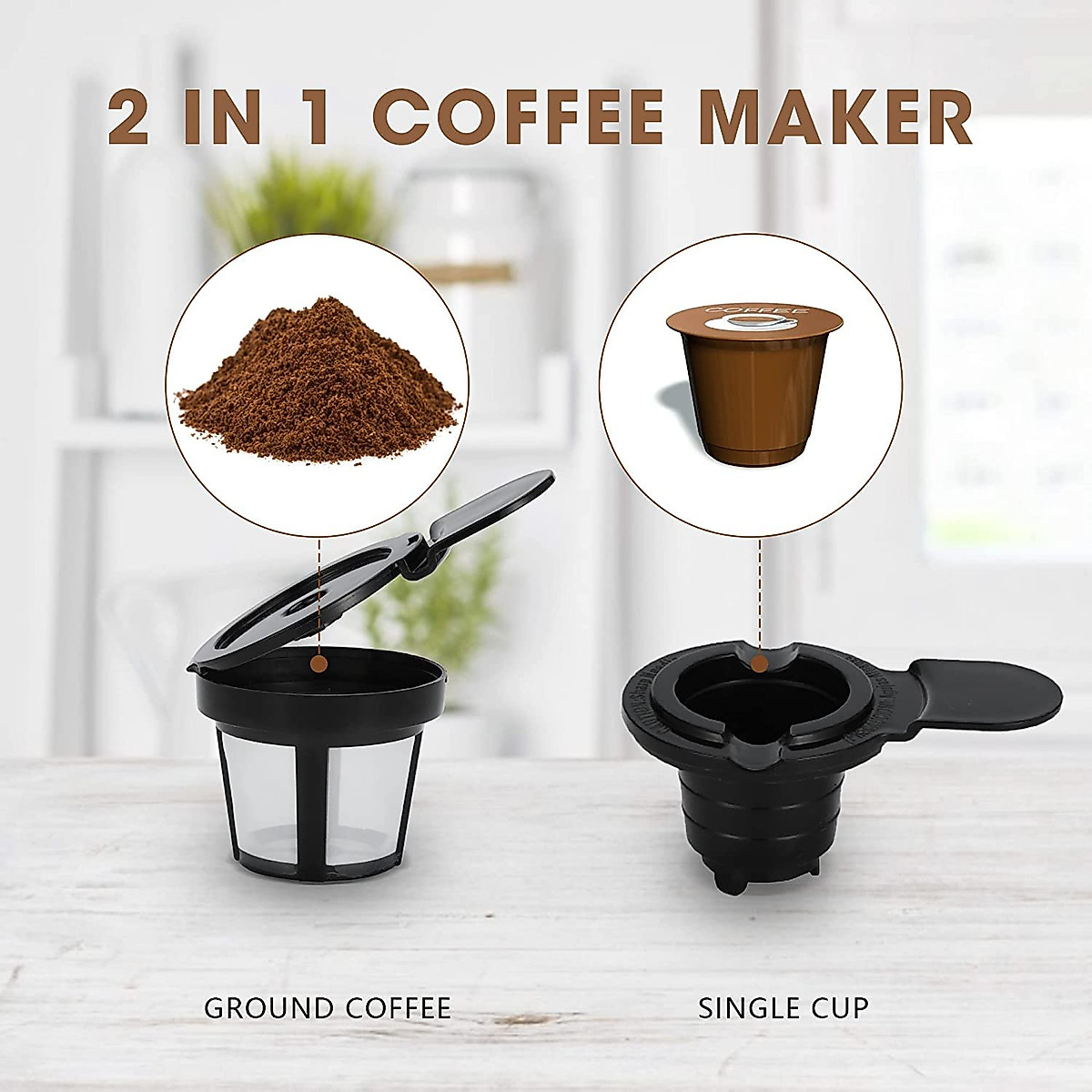 Sunvivi 2 In 1 Single Serve Coffee Maker For Single Cup Pods & Ground Coffee, One Cup Coffee Maker with 30 Oz Detachable Reservoir, 3 levels Adjustable Drip Tray Suitable for 7" Travel Tumbler