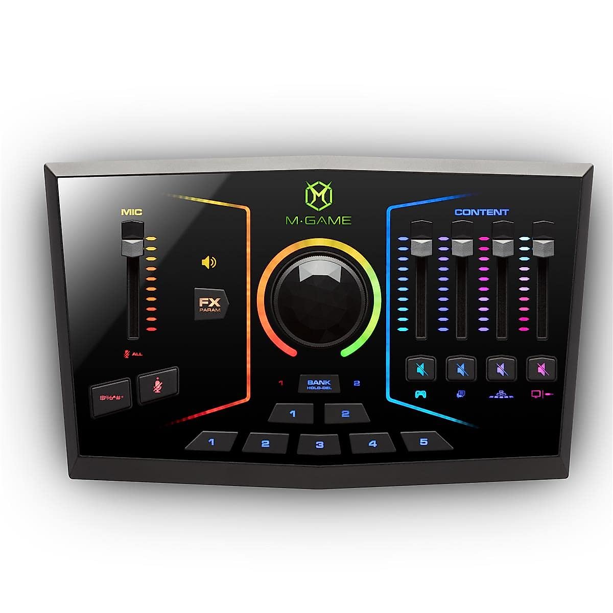 M-Game RGB Dual USB Audio Interface Mixer for Streaming and Gaming with XLR Microphone in, Optical in, Voice FX, Sampler, RGB Lights and Software